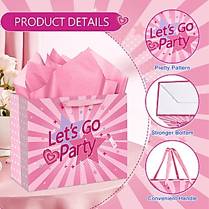 Hot Pink Gift Bag Lets Go Party Supplies Pink Wrapping Bag with Greeting Card and Tissue Paper Bachelorette Party Decorations for Girls Princess Bridal Shower Christmas Birthday Party Supplies