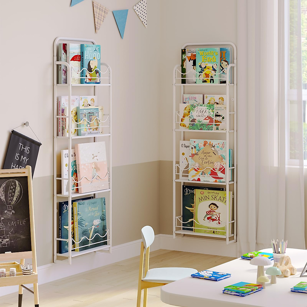 BBLIKE Kids Bookshelf for Wall - 4 Tier Wall Mounted Nursery Book Shelf, White Hanging Bookshelf for Books and Toys Storage, Wave Book Shelf Organizer for Kids Bedroom, Living Room（Wood Layer）