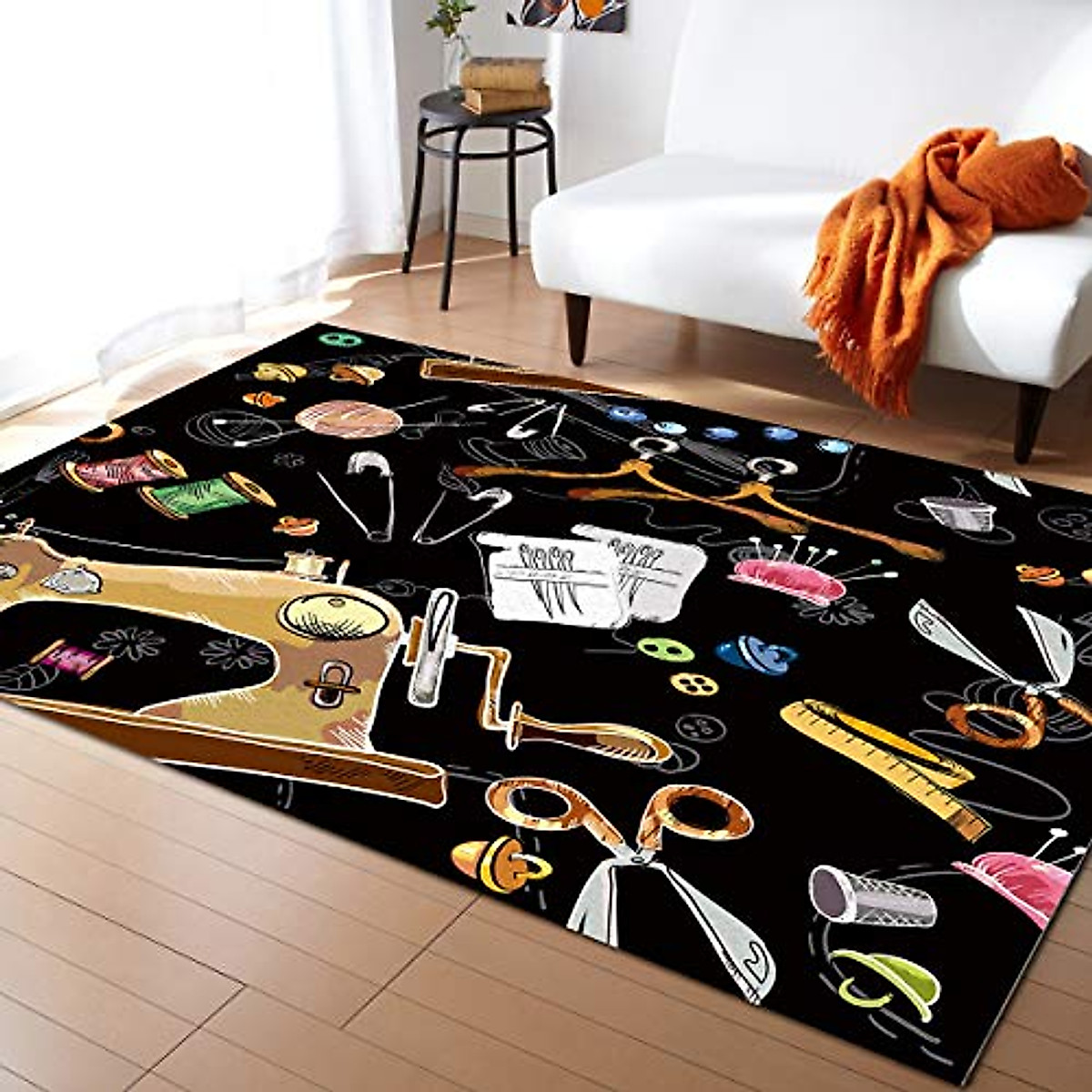 Beauty Decor Rectangle Kitchen Area Rugs 3'x5' Sewing Machine Yarn Scissors Paper Clips Non-Skid Area Carpet for Living Room Comfy Bedroom Home Decorate Floor Carpets Kids Playing Mat.