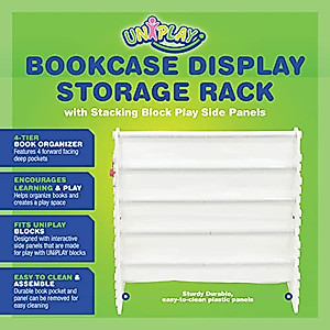 UNiPLAY Kids 4-Tier Book Storage Organizer with Sling Book Pockets, Plastic Sling Rack Bookshelf for Playroom, Fits Blocks, White