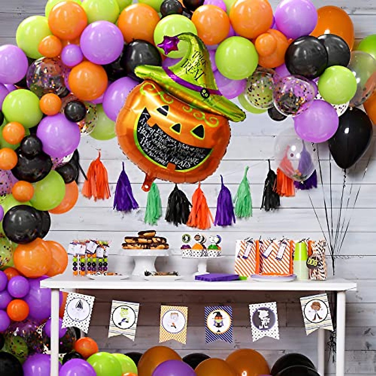 124 Pack Halloween Balloon Arch Garland Kit, Black Orange Green Purple Confetti Balloons and Mylar Pumpkin Balloon for Kids Halloween Birthday Party Decorations Supplies