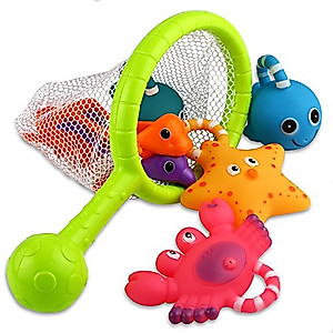 Bath Toy, Fishing Floating Squirts Toy and Water Scoop with Organizer Bag(8 Pack), KarberDark Fish Net Game in Bathtub Bathroom Pool Bath Time for Kids Toddler Baby Boys Girls, Bath Tub Spoon
