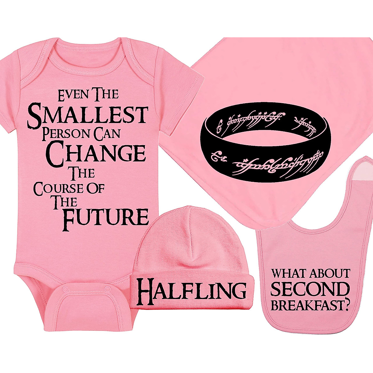 Fantasy Movie Baby Onesie - Even The Smallest Person Can Change The Course Of The Furture (6-12 Month - Pink Fabric - Black Design)
