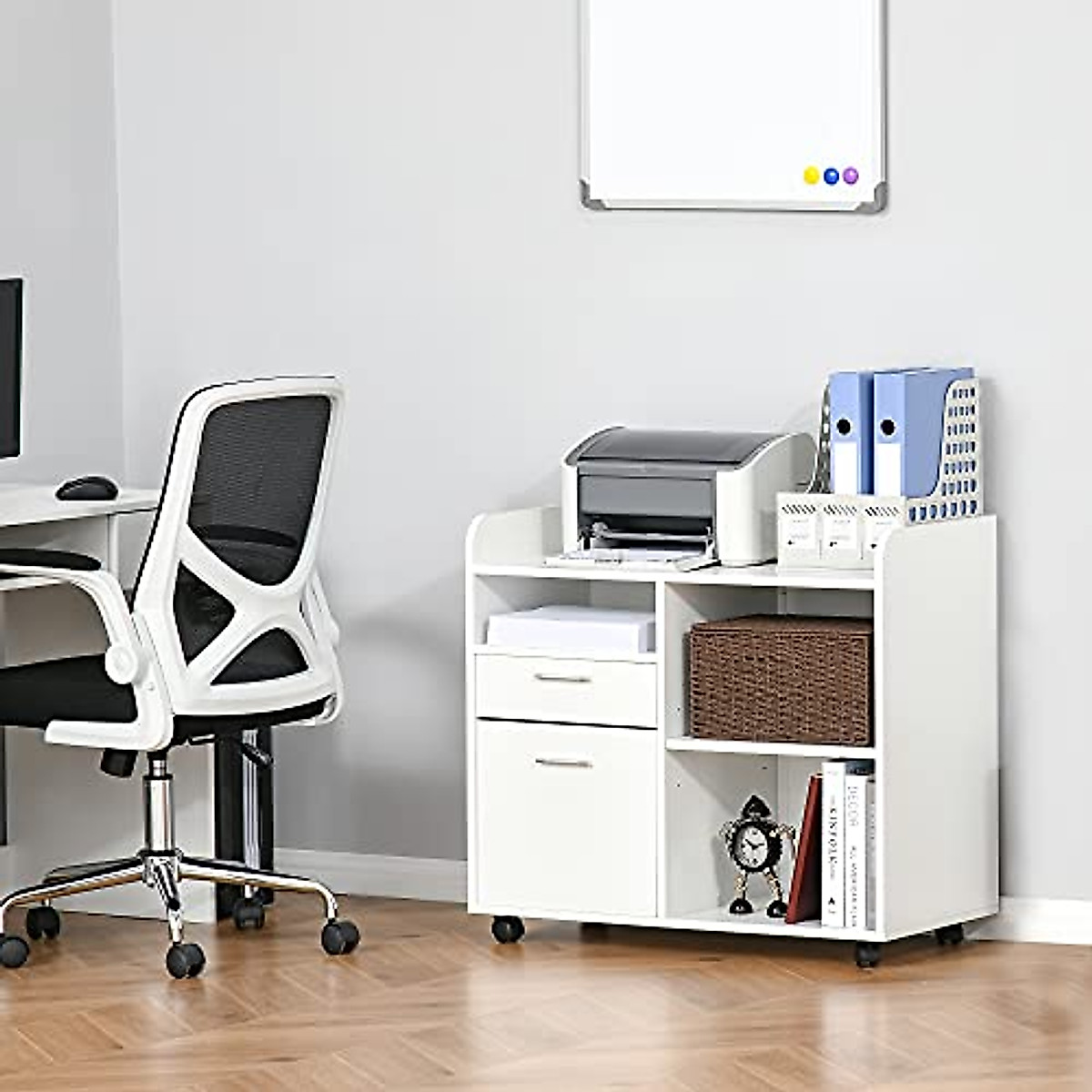 Vinsetto Filing Cabinet Printer Stand Mobile Lateral File Cabinet with 2 Drawers, 3 Open Storage Shelves for Home Office Organization, White
