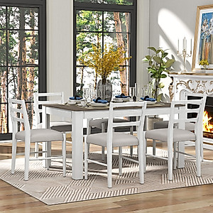 LUMISOL 7 Piece Dining Table Set, Solid Wood Extendable Kitchen Table Set with 12" Leaf and Storage Drawers, Farmhouse Style Dining Table and Upholstered Chairs Set of 6 for Dining Room, Brown+White
