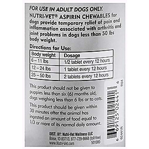 Nutri-Vet Aspirin for Dogs, Fast Pain Relief Liver Flavoured Chewable Tablets For Small Dogs, 120mg - 100 Ct