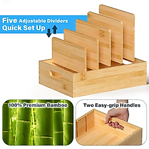 Kiasthome Bamboo Lid Organizers Inside Cabine, Lid Organizer Kitchen Cabinet Organizer with 5 Adjustable Dividers, Food Container Plastic Lids Organizer Holders for Drawer Pantry, Nature