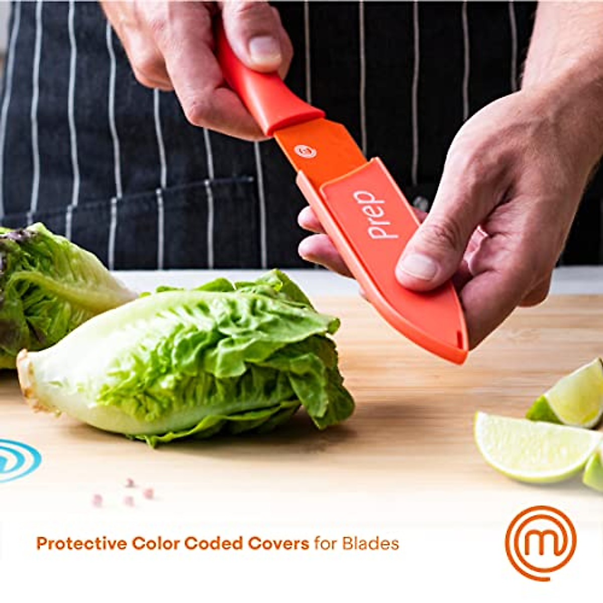 MasterChef Kitchen Knives Set with Covers incl. Paring, Boning, Carving, Bread, Santoku & Chef Knife, Sharp Cutting Stainless Steel Blades with Sheaths, 12 Piece (6 Colored Knives & 6 Covers)