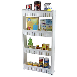 Basicwise QI003220 Slim Storage Cabinet Organizer 4 Shelf Rolling Pull Out Cart Rack Tower with Wheels, White