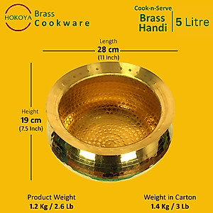 HOKOYA Brass Handi for Cooking Food (5 Litre Water Capacity) Medium Size Brass Handi for Cooking Biryani | Brass Utensils for Kitchen Cooking