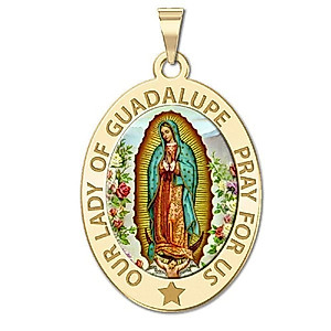 PicturesOnGold.com Our Lady of Guadalupe Color Laser Religious Medal OVAL EXCLUSIVE-14k Yellow Gold - 2/3 x 3/4 Inch with Engraving