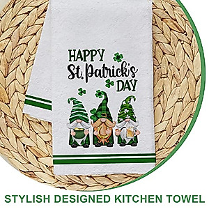 Seliem Happy St. Patrick's Day Gnome Clover Kitchen Dish Towel Set of 2, Irish Kisses Shamrock Wishes Hand Towel Green Check Drying Baking Cooking Cloth, Spring Holiday Home Kitchen Decor 18x26 Inches