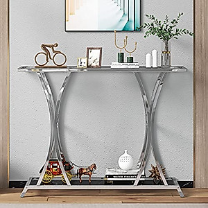 ASYA 2-Tier Glass Entryway Table, Console Tables for Entryway with Chrome Frame, Silver Glass Sofa Table for Entryway, Living Room, Chrome Finish