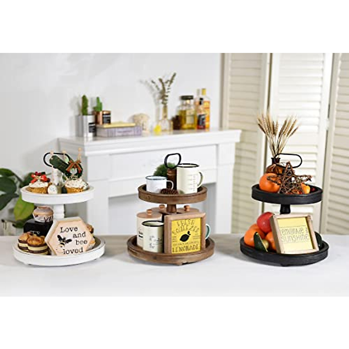 Funly mee Distressed Rustic White Wood Two-Tier Tray with Metal Handle,Decorative Organizer Tray for Kitchen Counter Top or Dining Room Table(White)