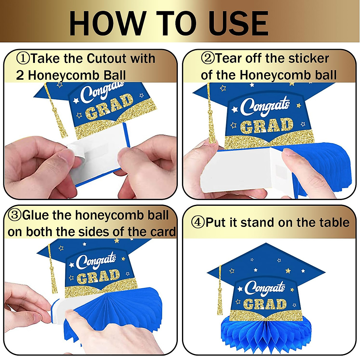 9 pieces of graduation party decoration Class of 2024 Congrats Graduation Honeycomb Centerpieces,Graduation，Congratulations Graduation honeycomb desktop decoration (Blue gold)