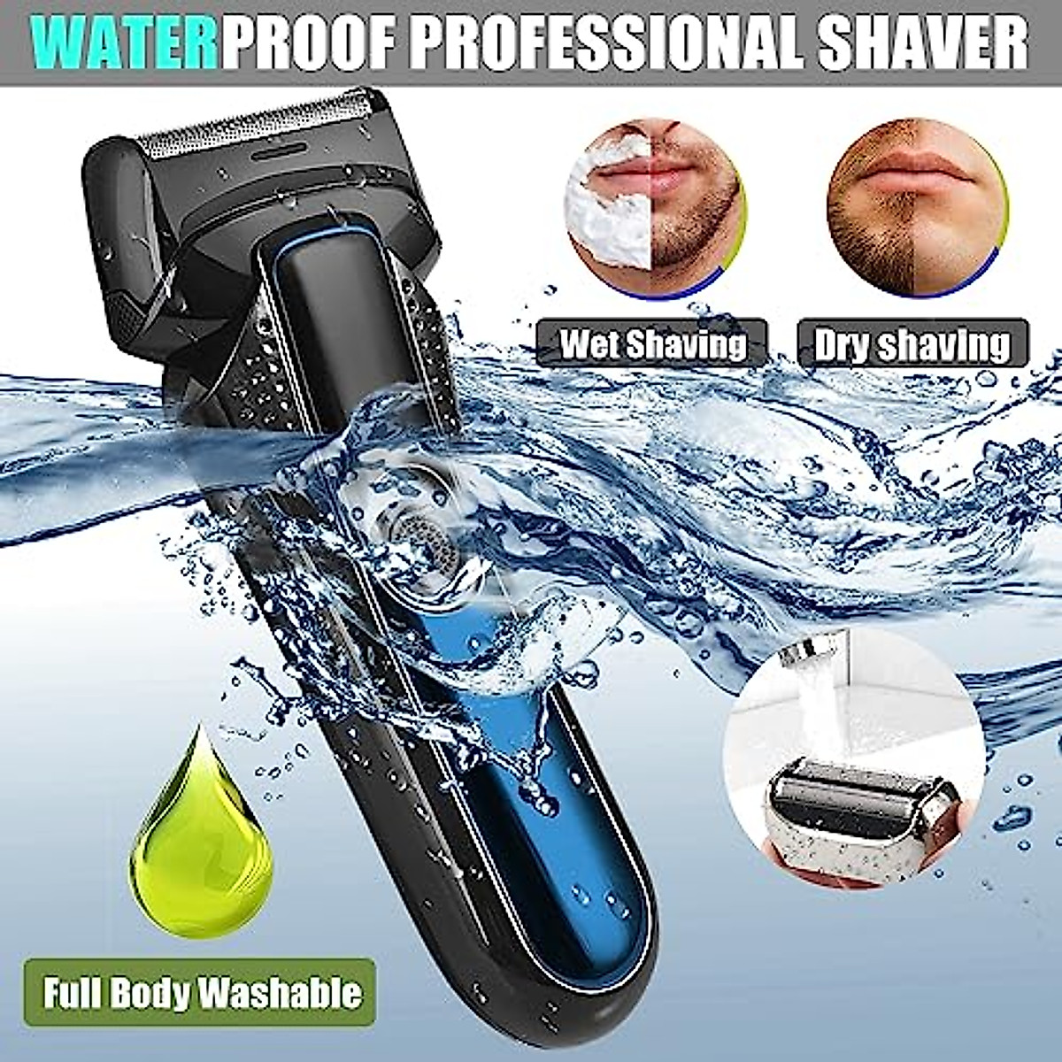 Electric Razor for Men, Waterproof Foil Shaver, Wet Dry Shave, with Beard Trimmer and Body Groomer, Rechargeable, Razors for Men with Pop-up Beard Trimmer Electric Foil Shaver with Beard Trimmer