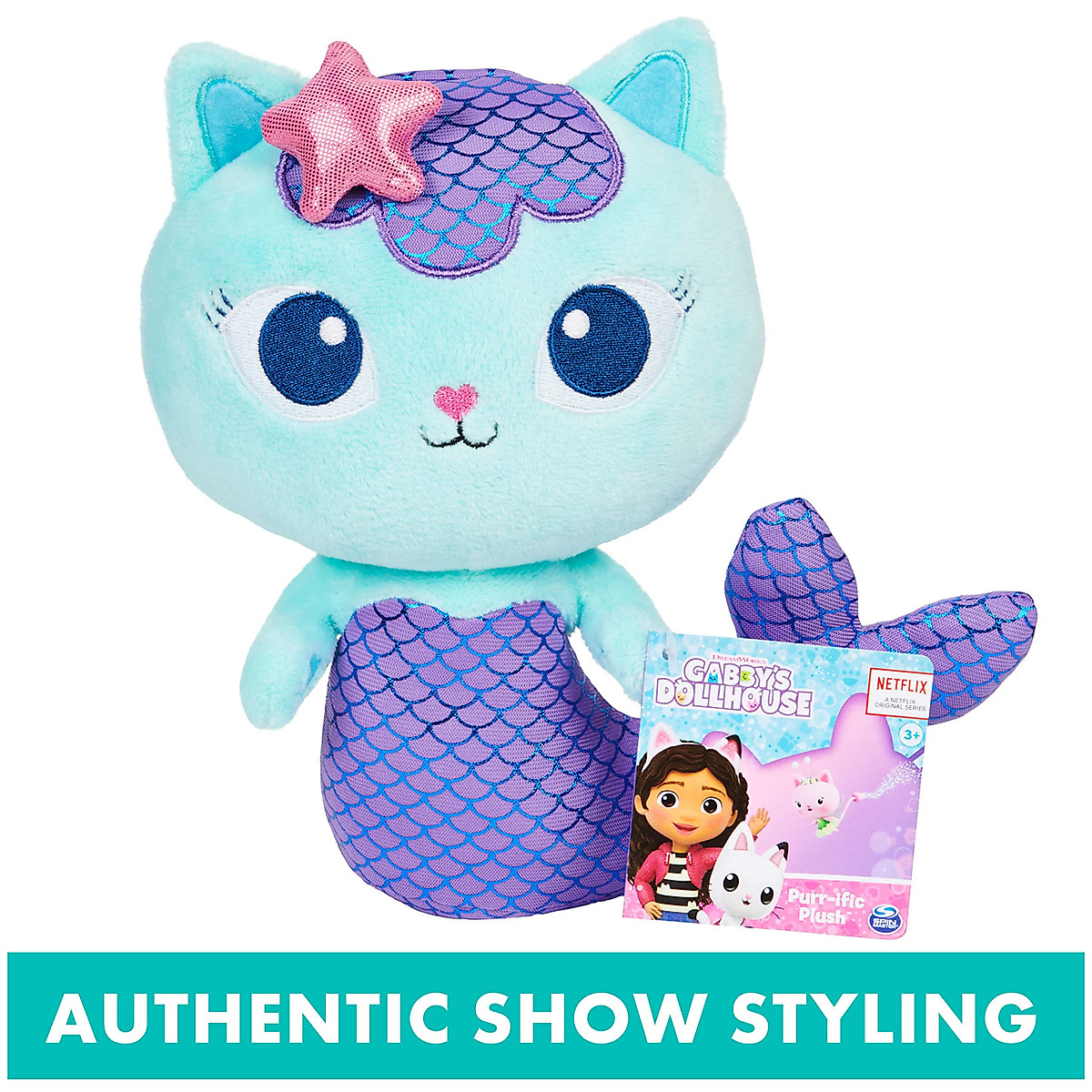 Gabby's Dollhouse, 8-inch Mercat Purr-ific Plush Toy, Kids Toys for Ages 3 and up