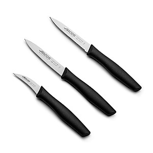 ARCOS 3 Pieces Paring Knife Set. 3 Peeling Knives of Stainless Steel and Ergonomic Polypropylene Handle for Cutting Fruits, Vegetables and Tubers. Series Nova. Color Black