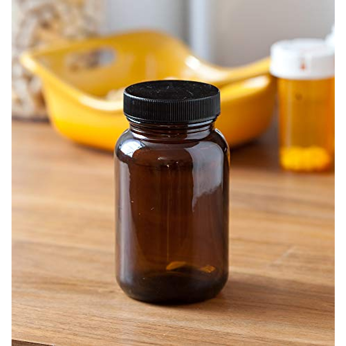 5 oz Amber Glass Packer Bottle with Black Ribbed Lid (6 pack)