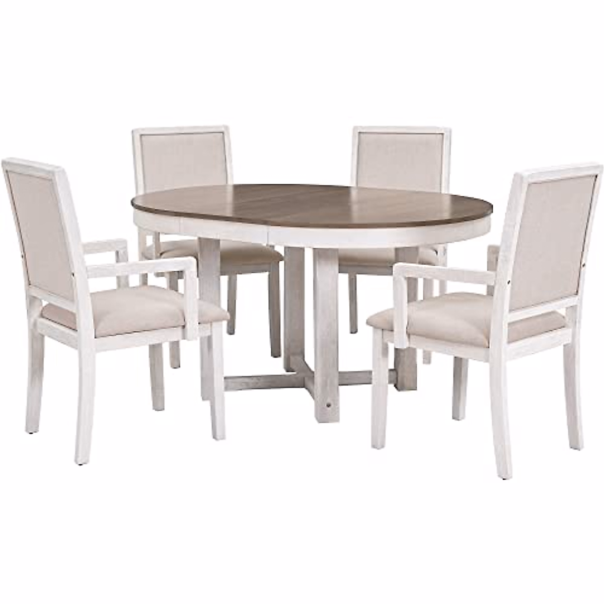 WOZNLA 5-Piece Dining Table Set - Round to Oval Extendable Butterfly Leaf Wood Table with 4 Upholstered Dining Chairs with Armrests - Ideal for Kitchen and Family Gatherings