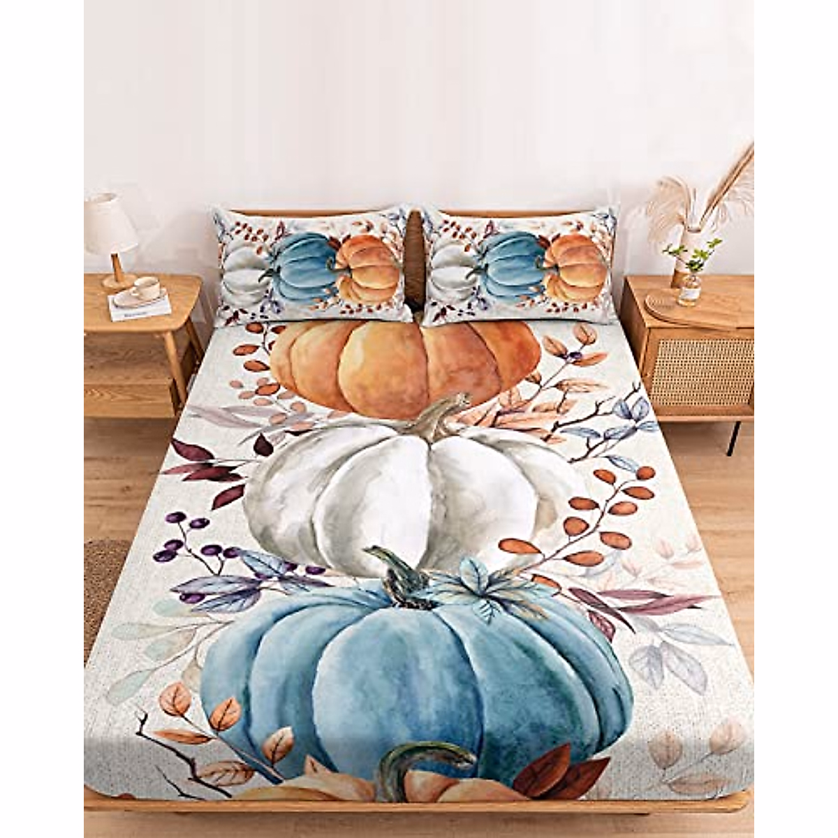 Fall Pumpkin Leaves on Burlap Fitted Bed Sheets Full Size Fit 5-16inch Deep Pockets,Luxury Bottom Sheet Bedding Set with Pillow Case,Thanksgiving Watercolor Plant Fitted Sheet for Mattress