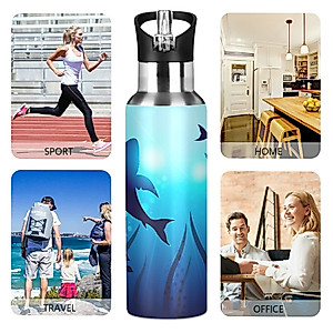 Shark Water Bottle with Straw Lid Thermos Ocean Kids Insulated Stainless Steel Water Flask 20 Oz Sharks Circling under The Water Ocean