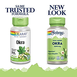 SOLARAY Okra Fruit 1600 mg, Healthy Digestion, Regularity & Cardiovascular Support, Soluble Fiber, 25 Serv, 100 VegCaps