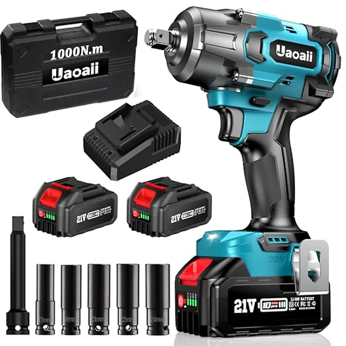 Uaoaii 1000N.m(738ft-lbs) Cordless Impact Wrench High Torque, Battery 1/2 Impact Gun w/ 2X 4.0Ah Batteries, Fast Charger, 5 Sockets & Storage Box, Electric Impact Wrench for Truck RV Mower, IW800