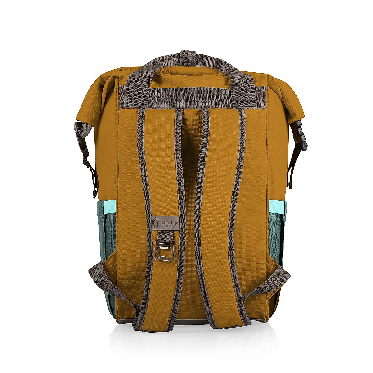 ONIVA - a Picnic Time brand - OTG Roll-Top Cooler Backpack - Hiking Backpack Cooler - Soft Cooler Bag, (Mustard Yellow with Gray & Blue Accents)