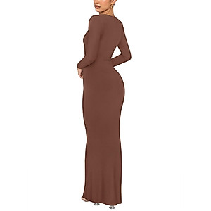 REORIA Women's Sexy Casual Crew Neck Lounge Slimming Long Dress Elegant Wedding Guest Long Sleeve Ribbed Bodycon Maxi Dresses Coffee Small
