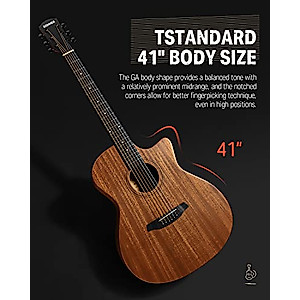 Donner Acoustic Guitar Beginner Full Size 41 Inch Soild Mahogany Top Cutaway Grand Auditorium Adult Starter Bundle Kit with Gig Bag Strap Tuner Capo Pickguard String 4 Picks Cloth Right Hand BLACK