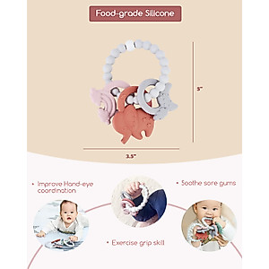 Teething Rings for Babies 0-6 6-12 Months Front and Molar Teething Relief Wearable Teether Bracelet Infant Toddler Chew Toys Ease of Grabbing, Elephant Rainbow Moon Shape, Baby Girl Gifts, BPA Free