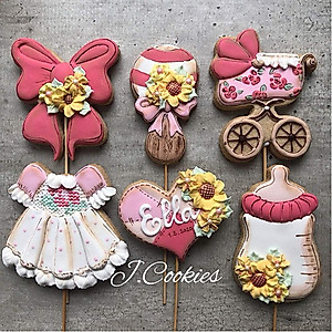LILIAO Baby Shower Cookie Cutter Set - 6 Piece - Feeding Bottle, Rattle, Heart, Carriage, Princess Dress and Bow/Ribbon Biscuit Fondant Cutters - Stainless Steel