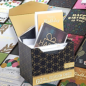 40 Unique Birthday Cards + 20 All Occasion Greeting Cards, Individually Packed Rose Gold Foil Large 5”x7” Thank You, Anniversary Cards, Simple Message Inside, Magnetic Box Variety Set w/Thick Envelope