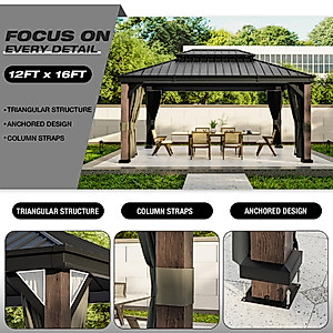 Joyside 12'x16' Hardtop Gazebo, Double Roof Galvanized Steel Canopy with Thermal Transfer Aluminum Frame Permanent Metal Pavilion with Netting and Curtains for Garden (Dark Brown Wood Grain)