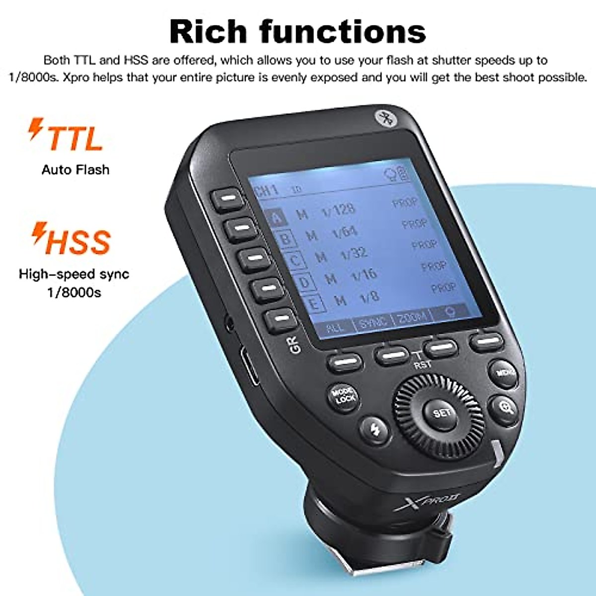 Godox XProII-N TTL Wireless Flash Trigger Transmitter Compatible for Nikon Cameras,2.4G 1/8000s HSS,Bluetooth Connection,New Hotshoe Locking,16 Groups and 32 Channels