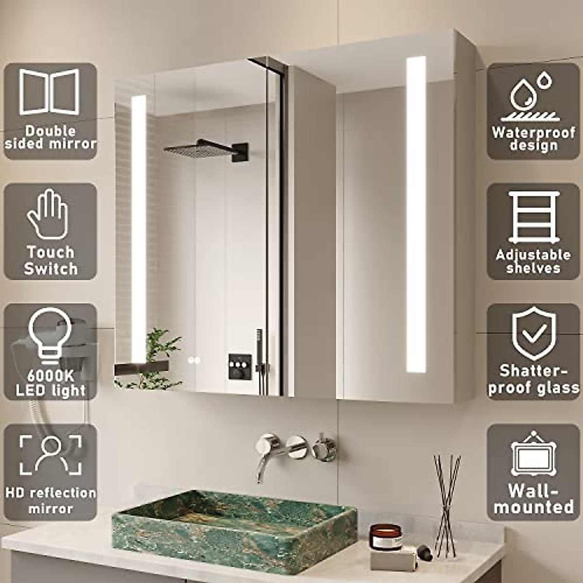 MIRPLUS 36 x 30 inch Medicine Cabinet with LED Vantiy Mirror, Recessed or Surface Mount Anti-Fog Large Storage Double Door Lighted Aluminum Bathroom Cabinet with Touch Switch (Half Light)