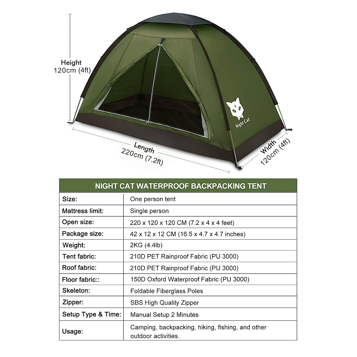 Night Cat Backpacking Tent for One 1 to 2 Persons Lightweight Waterproof Camping Hiking Tent for Adults Kids Scouts Easy Setup Single Layer 2.2x1.2m