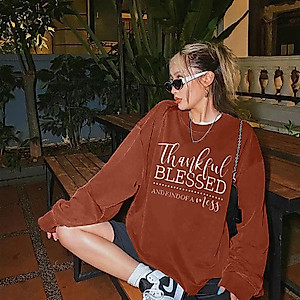 KIMSOONG Oversized Thanksgiving Sweatshirts for Women Thankful Blessed and Kind Of a Mess Sweatshirt Thanksgiving Shirt Brown