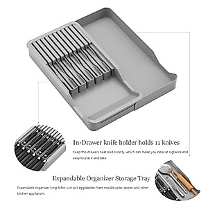 Mulikeer Knife Holder, In Drawer Knife Block Holder with Expandable Cutlery Tray Kitchen Drawer Organizer Insert-Holds 11 Knives for Save Space & Kitchen Safety (Drawer knife holder, Plastic)