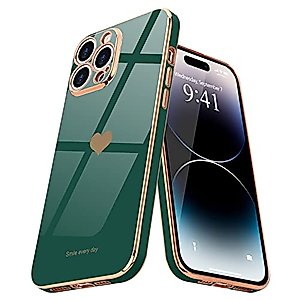 Teageo iPhone 14 Pro Case - Luxury Love Heart Design, Bling Back Cover, Camera Protection, Shockproof, Blackish Green