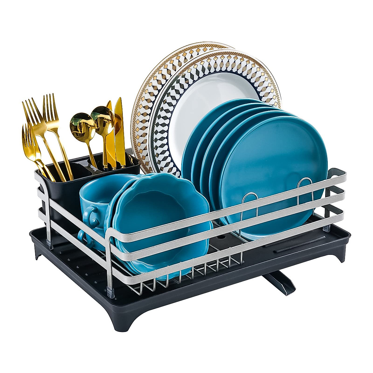 Zarnicy Dish Drying Rack with Drainboard - Dish Racks for Kitchen Counter - Rust Resistant Carbon Steel Dish Drainer with Adjustable Swivel Spout and Removable Cutlery Holder