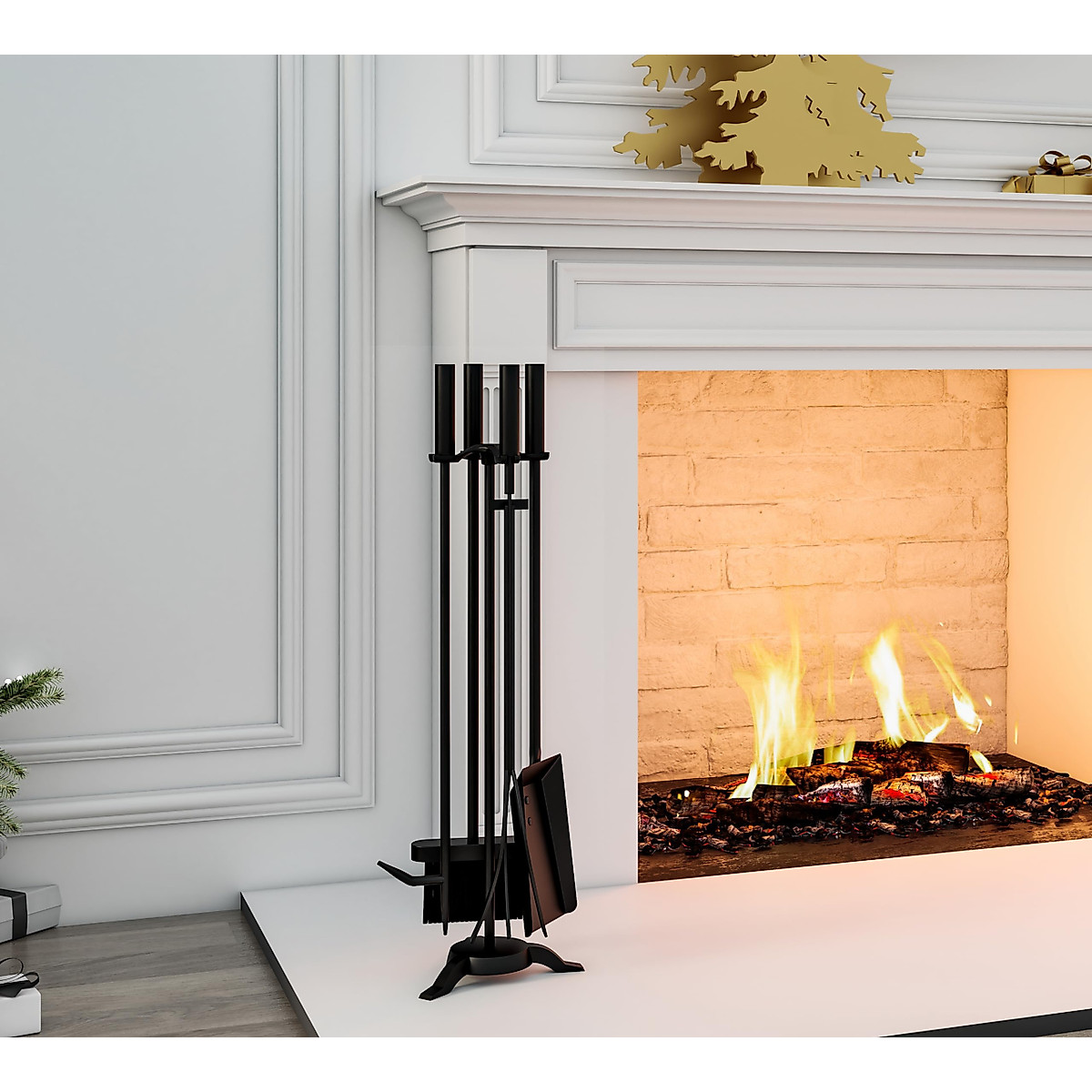 CALIDOLA Wrought Iron Fireplace Tools with Chimney Poker, Tongs, Shovel, Brush and Stand Hearth Accessories Set,Black Fireplace Companion Set