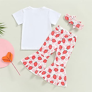 Toddler Kids Baby Girl Summer Outfit Strawberry Print Short Sleeve T-Shirt Tops Flare Pants Headband 3pcs Clothes (White Strawberry,12-18M)