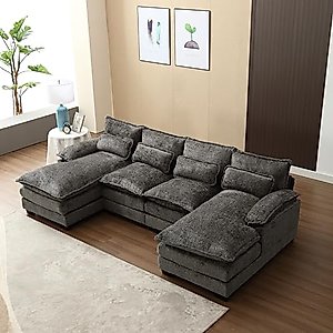 U Shaped Modular Sectional Sofa with Double Chaise, Comfy Chenille Upholstery Cloud Couch, Large Overstuffed Sleeper Sofá with Wooden Legs & Memory Foam for Living Room Furniture Sets