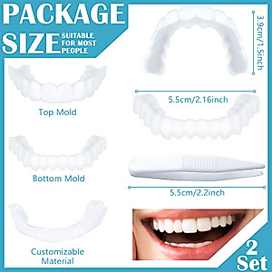 2 Set Fake Teeth Denture Teeth Veneer Snap in Teeth Confidence Smile Dentures Veneer Fake White Teeth with 2 Pieces Mini Tweezers for Halloween Men and Women Bad Teeth Whitening Alternative