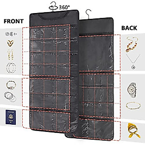 FOREGOER Hanging Jewelry Organizer Double Sided 43 Pockets Large Necklace Earring Accessory Holder Organizer(Black)
