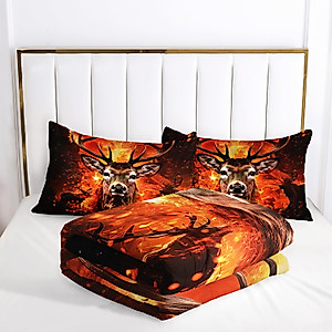 AILONEN Deer Hunting Bedding Set Queen Wild Deer Comforter Set, Fire Forest Wildlife Comforter Set for Boys Men,Deer Hunter Quilt and 2 Pillowcases,3 Pieces Queen Bed in a Bag