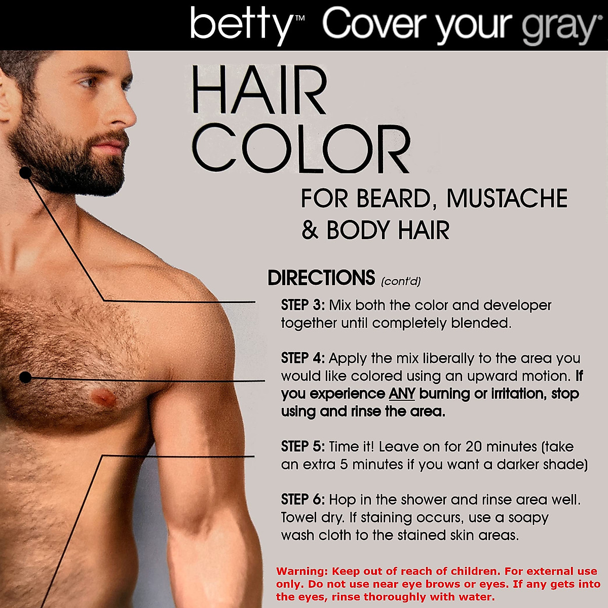Betty Cover Your Gray Mens Hair Color for Beard, Mustache & Body Hair - Brown