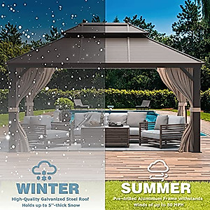 MELLCOM 10' x 13' Hardtop Gazebo, Galvanized Steel Metal Double Roof Aluminum Gazebo with Curtains and Netting, Brown Permanent Pavilion Gazebo with Aluminum Frame for Patios, Gardens, Lawns